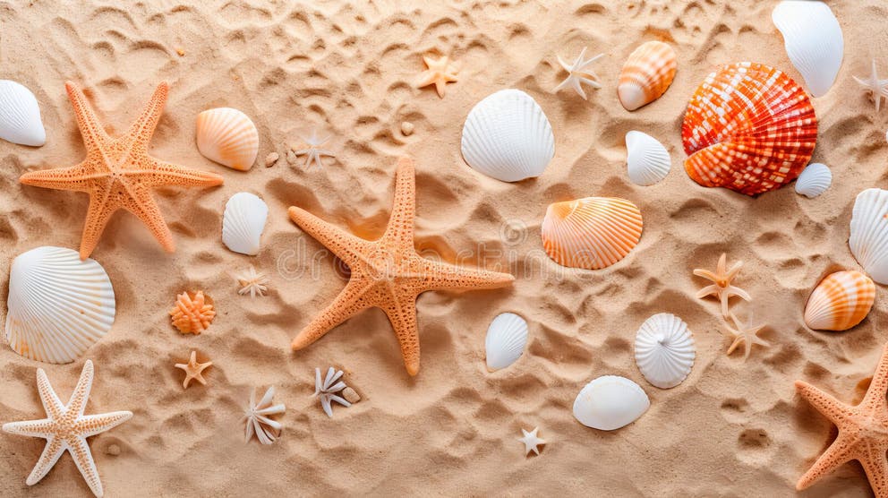 Top View of a Sandy Beach Texture with Exotic Shells. Stock Image ...