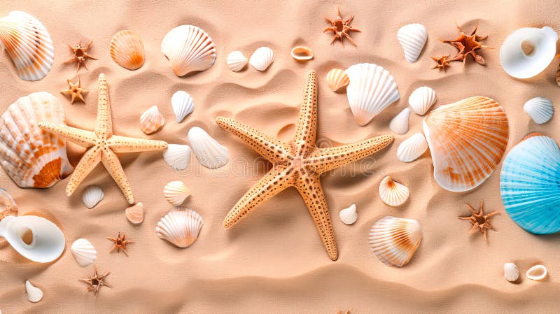 Top View of a Sandy Beach Texture with Exotic Shells. Stock Image ...