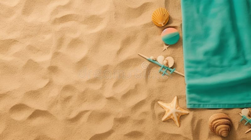 Top View of Sandy Beach with Towel Frame and Summer Accessories ...
