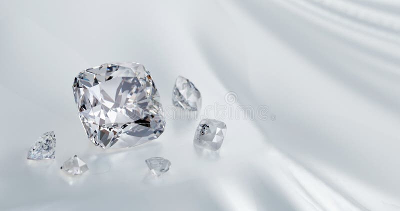 Top View of Scattered Diamond Clusters on White Fabric Background with ...