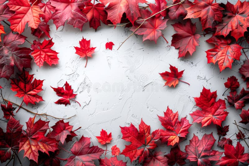 Top View of Scattered Red Maple Leaves on a Textured White Background ...