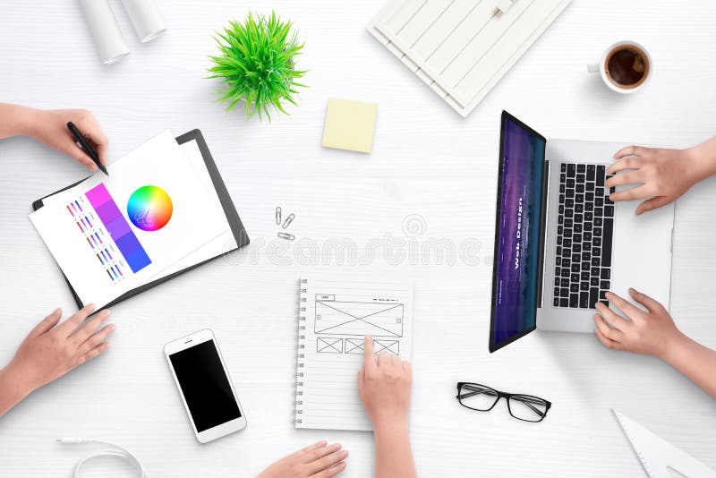 Top View Scene of Web Design Team Work Desk. Laptop Computer with Flat ...