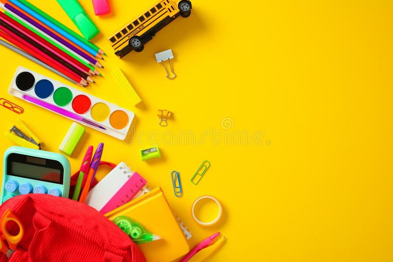 Top View of School Stationery and Backpack on Bright Yellow Table Stock ...