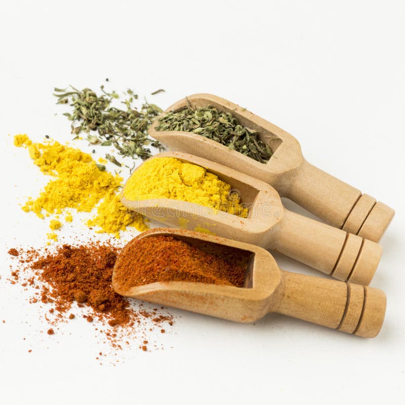 Powder Condiments Aligned Spoons Photo Stock Image - Image of device ...