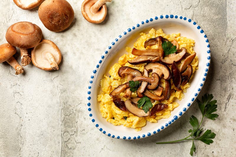Top View of Scrambled Eggs with Fried Shiitake Mushroom. Fresh ...