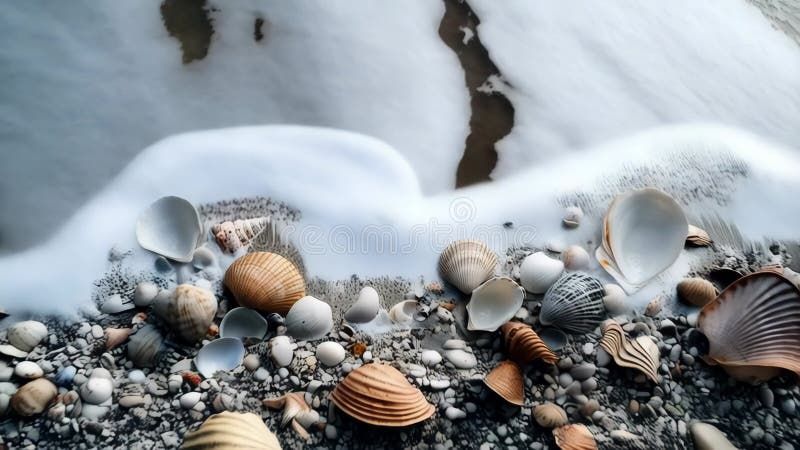 Top View of Sea Shells on Sandy Beach and Sea Wave Background with Copy ...