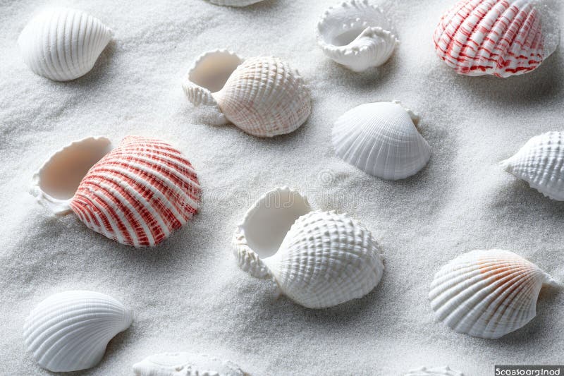 Top View of Sea Shells on White Sandy Beach Background Stock ...