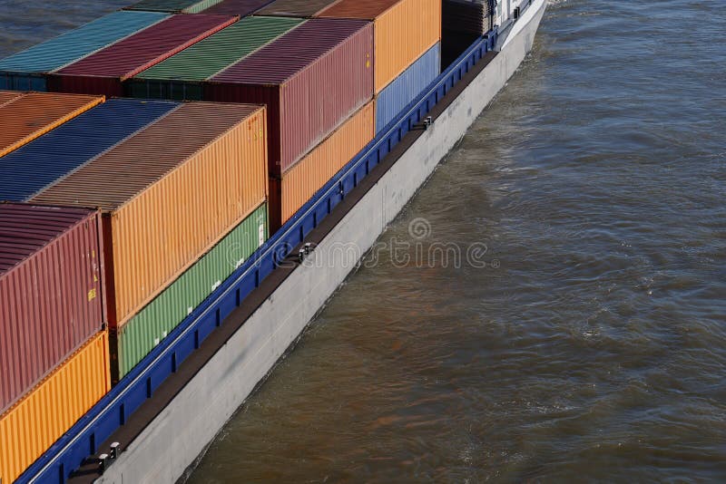 Containers on Container Ship on River. Stock Image - Image of nautical ...