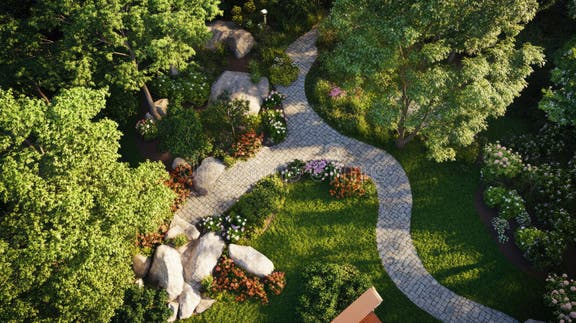 Top View of a Serene Backyard Garden with a Stone Pathway Stock ...