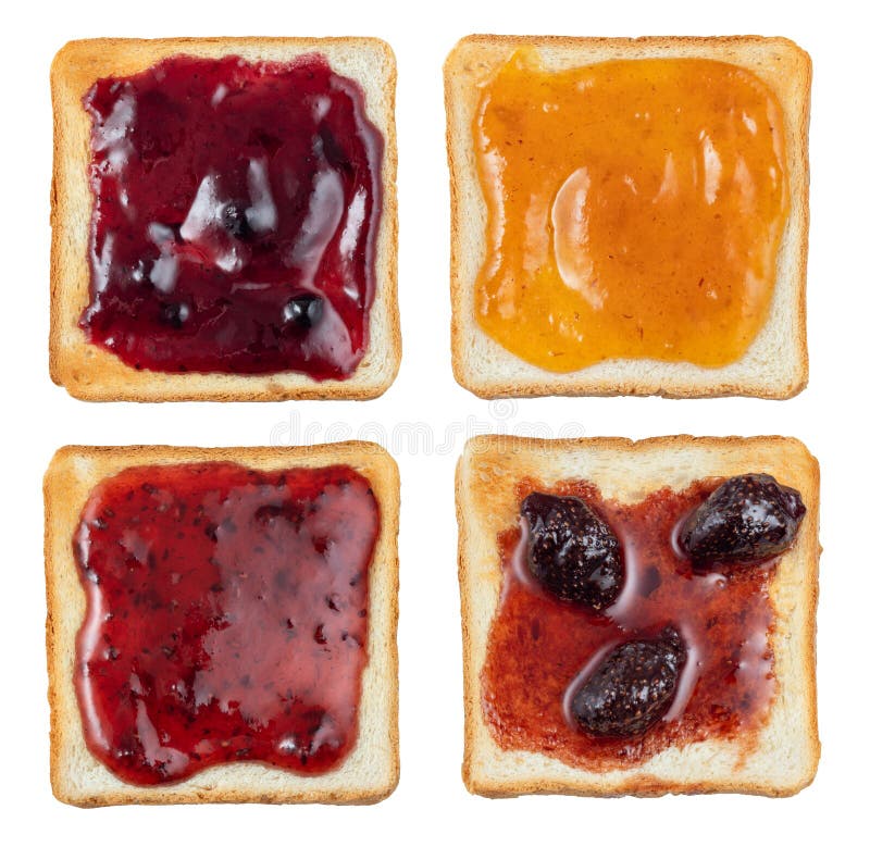 Top View Set of Bread Toasts with Different Types of Jam Isolated on ...