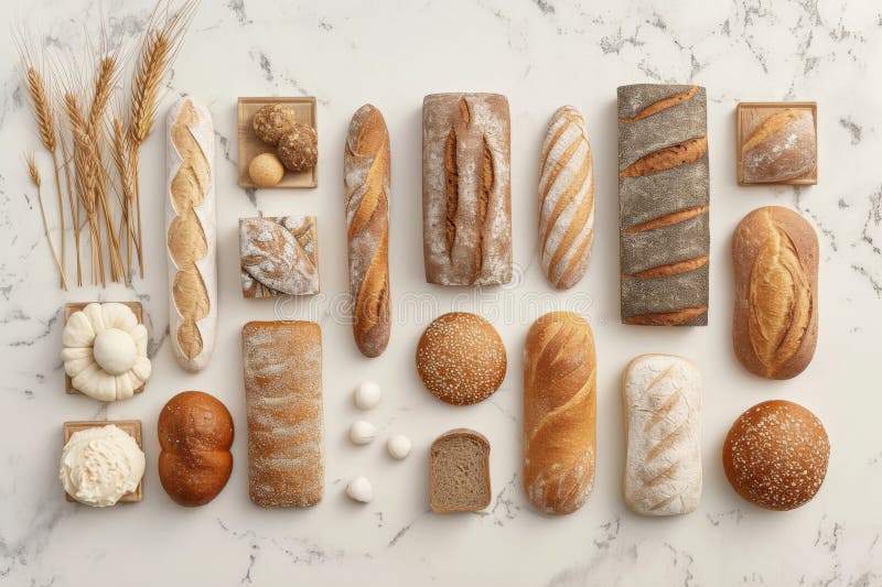 Top View of Set of Different Fresh Baked Bread and Buns with Dough and ...