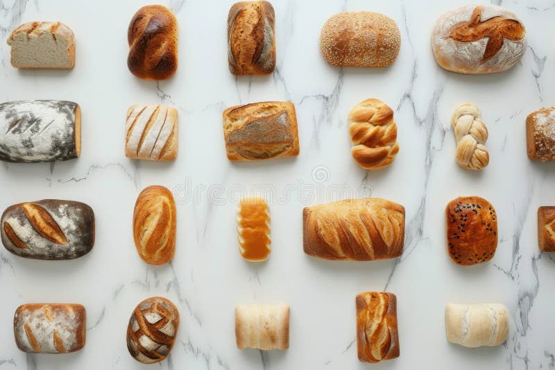 Top View of Set of Different Fresh Baked Bread and Buns with on Marble ...