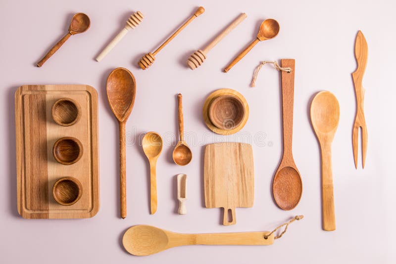Top View of a Set of Different Wooden and Bamboo Kitchen Utensils. Flat ...