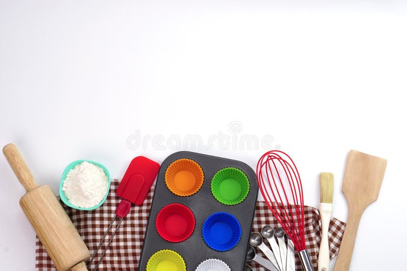 Top View Kitchenware, Wooden Spatula and Egg Beater on White Background ...