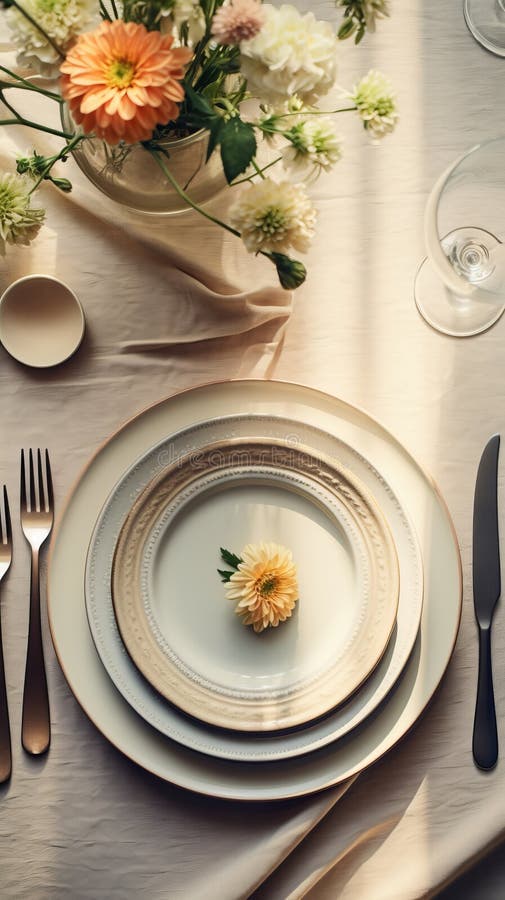 Top View of a Set Table with Empty Plates and Glasses Stock Photo ...