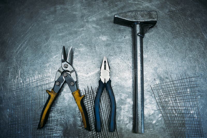 Top View of Set Working Tools Lying on Metal Table Stock Photo - Image ...