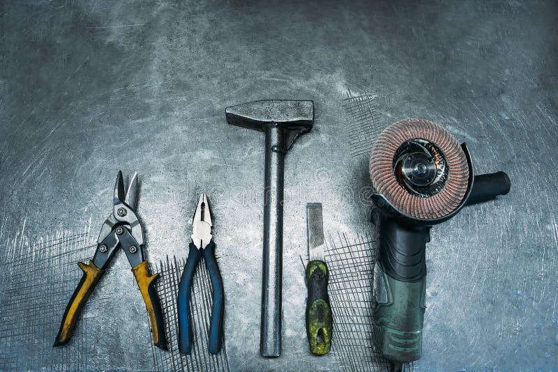 Top View of Set Working Tools Lying on Metal Table Stock Photo - Image ...