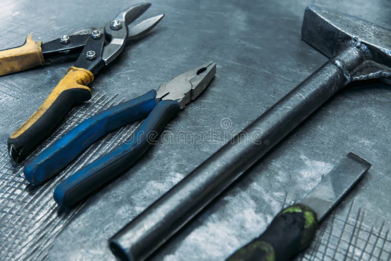 Top View of Set Working Tools Lying on Metal Table Stock Photo - Image ...