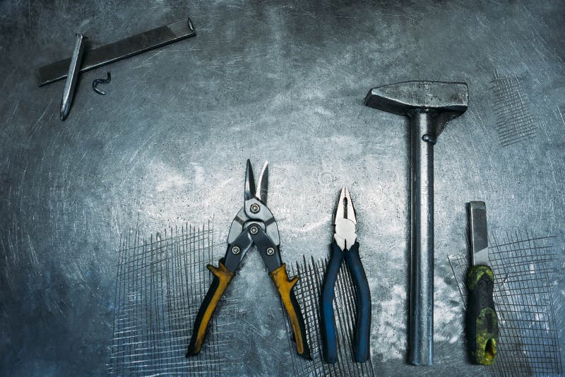 Top View of Set Working Tools Lying on Metal Table Stock Image - Image ...