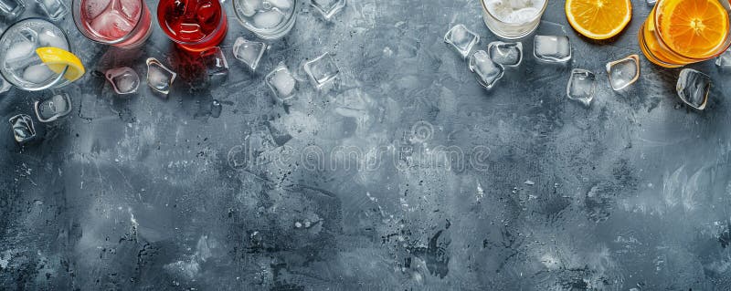 Top View of Several Tasty Drinks with Ice on a Gray Surface, with a ...