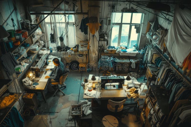 Top View of a Sewing Workshop with Seamstresses and Sewing Machines ...