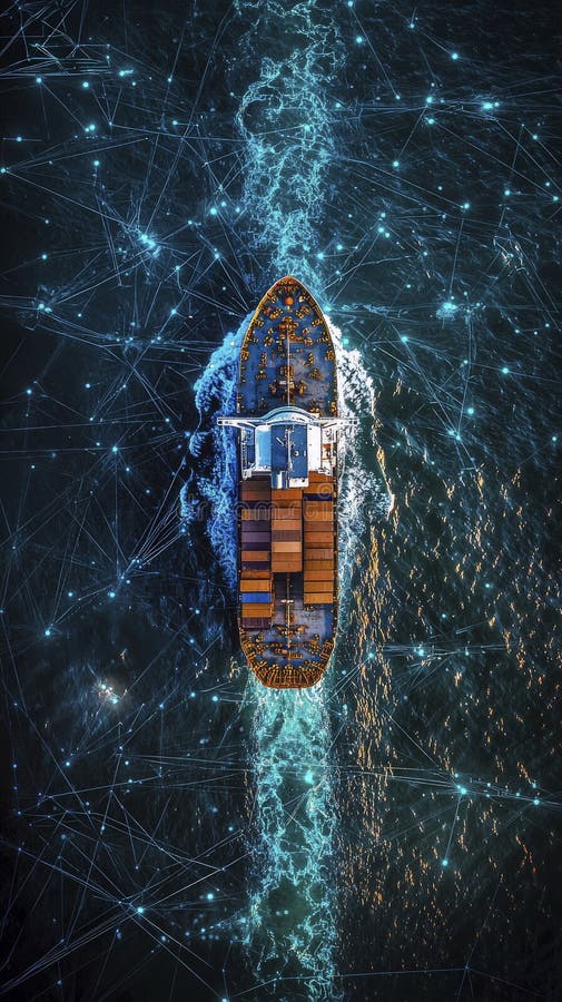 Top View of Ship with Digital Network on Ocean Stock Illustration ...