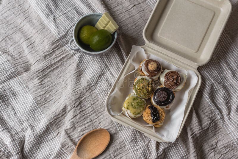 Top View Shot of Cinnamon Rolls Inside a Box with Copy Space Stock ...