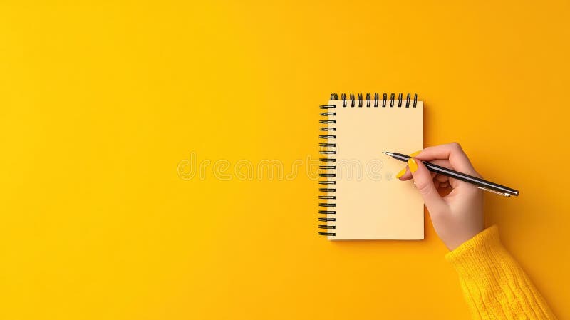 Female Hands in Yellow Pullover Writing in Notepad - Top View Shot with ...