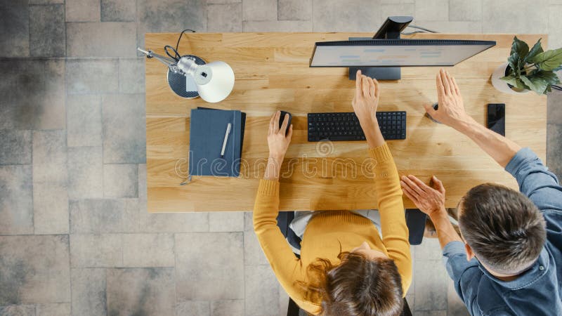 Top View Shot: Female Office Worker Uses Desktop Computer, Project ...