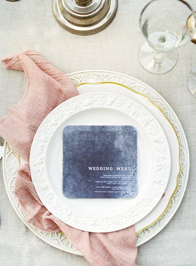 Top View Shot of Forks and a Ceramic Plate with Blue Wedding Menu Paper ...