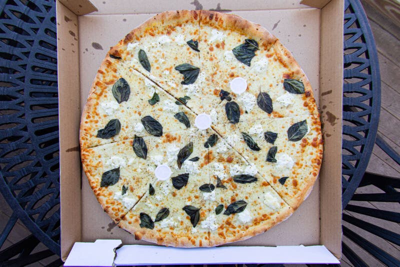 Top View Shot of Pizza Margherita Inside Cartton Stock Photo - Image of ...
