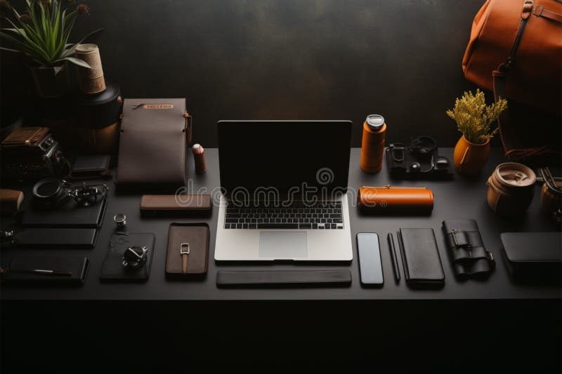 A Top View Showcases a Modern Office with Phone and Essentials Stock ...