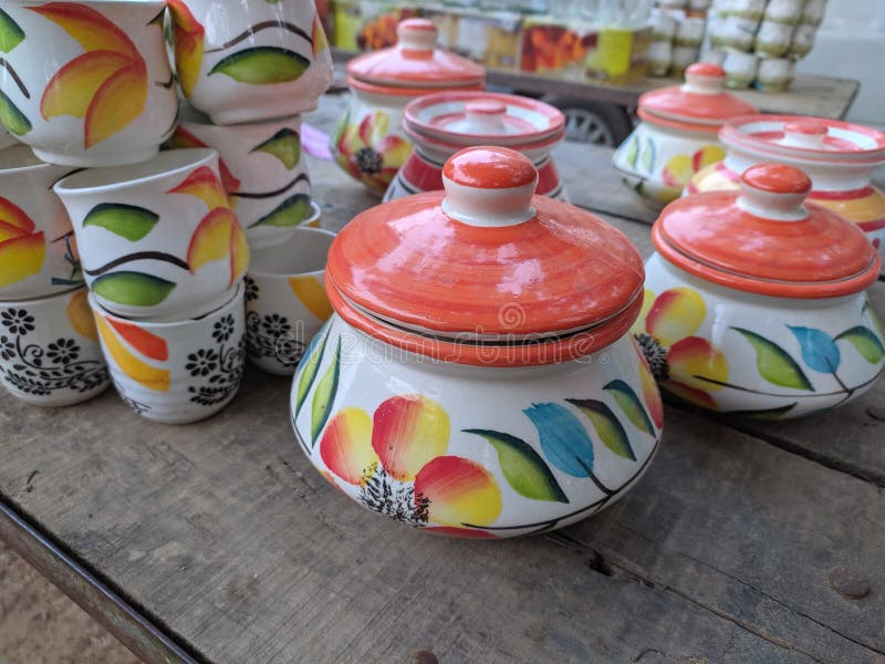 Top View Showing a Composition of Artistic Painted Handcrafted Pottery ...