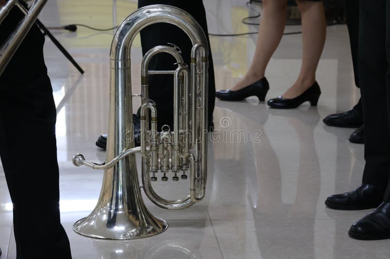 Top View of Silver Euphonium, Jazz or Marching Band Instruments Placed ...