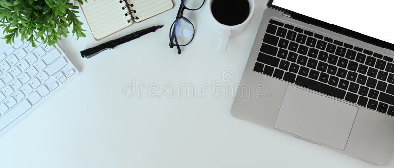 Simple Workspace with Laptop Computer, Glasses, Notebook, Coffee Cup ...
