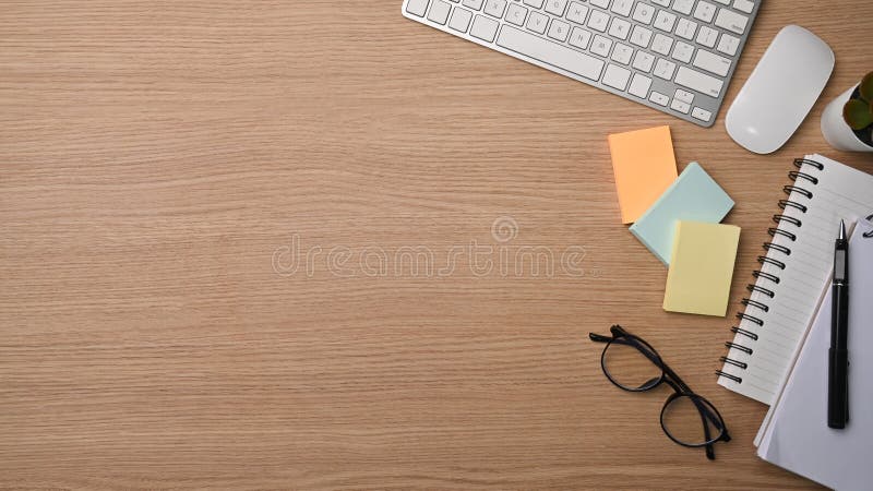 Simple Workspace with Notebook, Sticky Notes and Glasses on Wooden ...