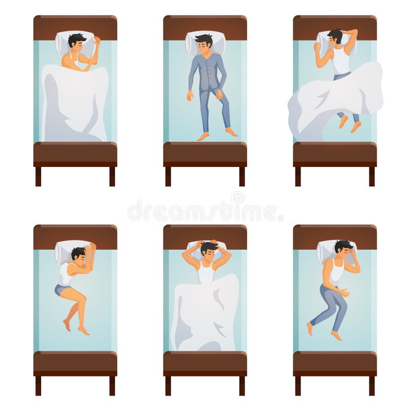Man Sleeping Poses. Night Sleep Pose, Asleep Male Positioning on Bed ...