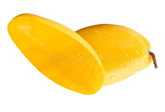 Top View of Single Ripe Yellow Mango with Half and Water Drops in Stack ...