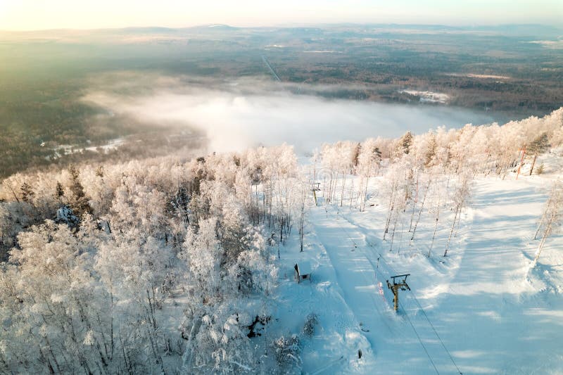 Top View of the Ski Slope, Fog Over the Slope Stock Image - Image of ...