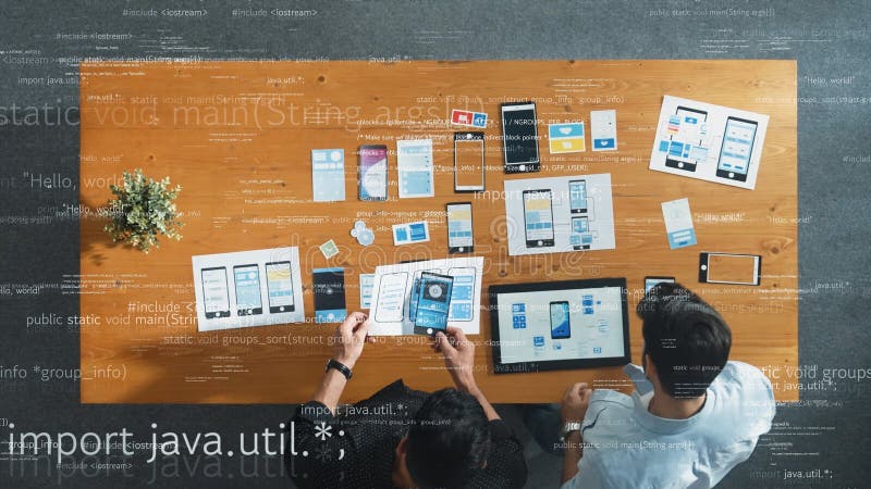 Top View of Skilled Business Team Looking at Wireframe Prototype ...