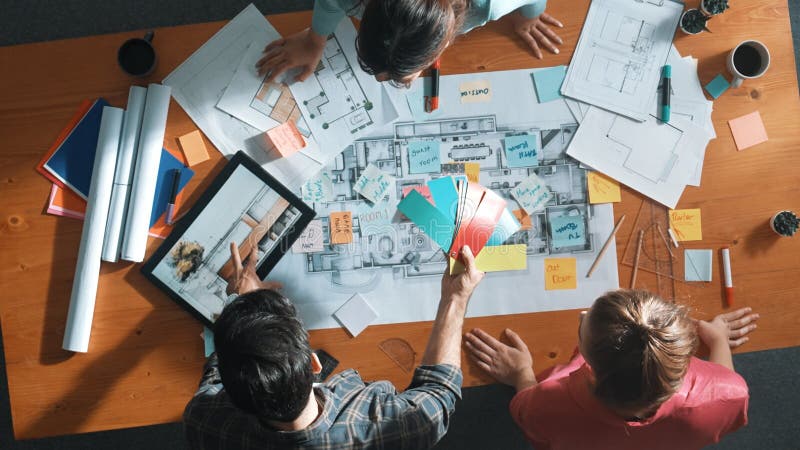 Top View of Skilled Engineer Working Together To Design Building ...