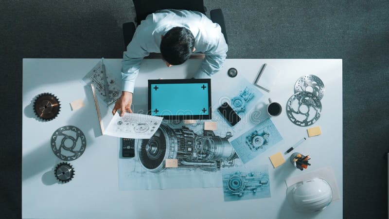 Top View of Engineer Writing in Paper while Looking at Tablet ...