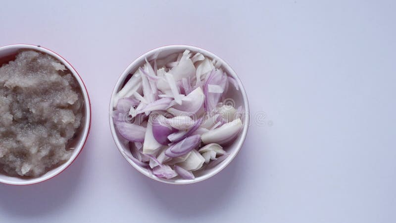 Top View of Slice of Onion and Paste in a Bowl on White Background ...