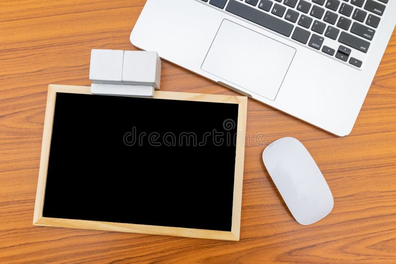 Top View. Small Blackboard Rectangular Wooden Blocks Mouse Computer and ...