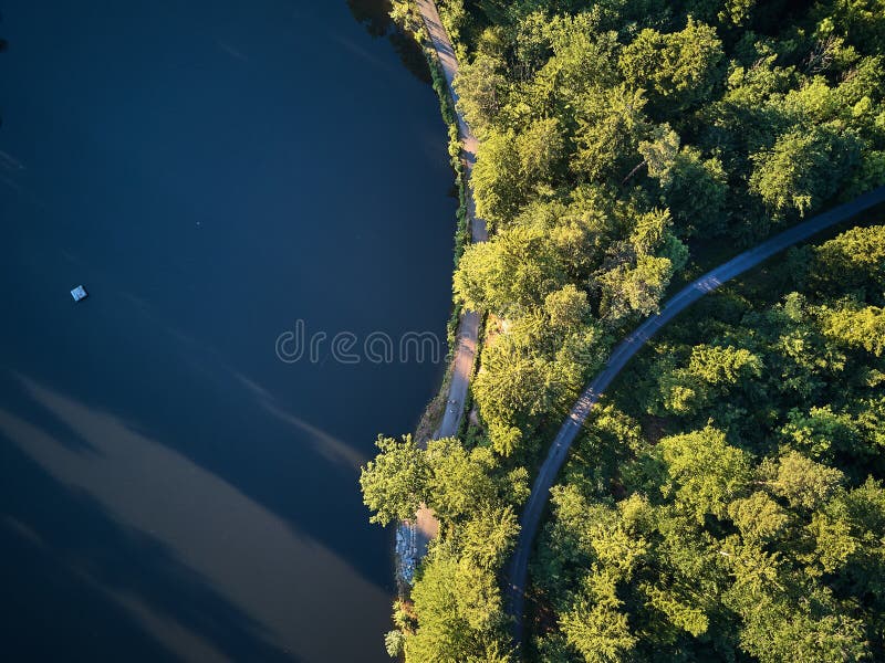 Top View of a Small Lake and Green Trees Around with a Small Path or ...