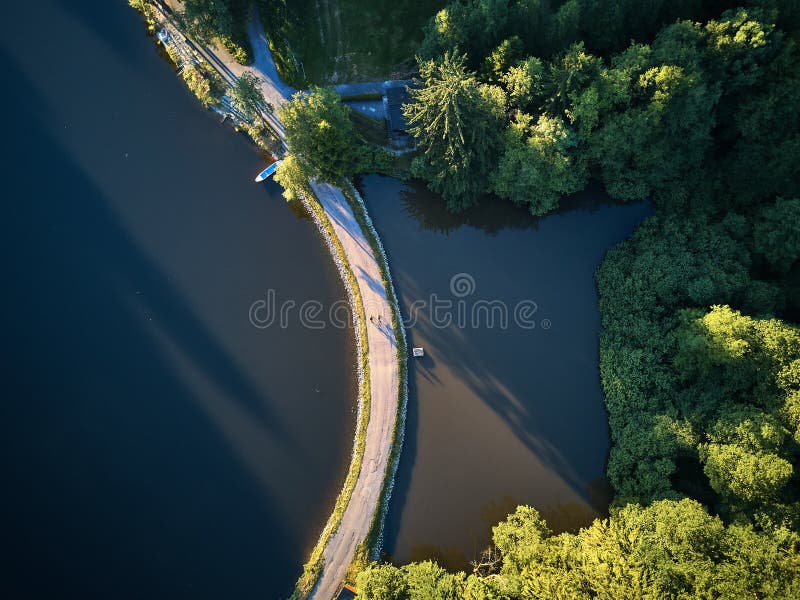 Top View of a Small Lake and Green Trees Around with a Small Path or ...