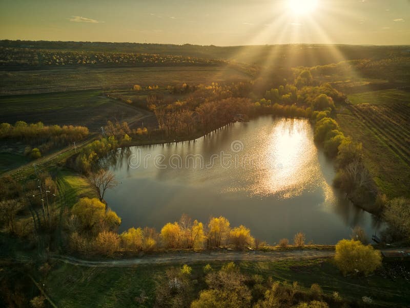 Top View Small Lake with Sunset Light Stock Photo - Image of river ...