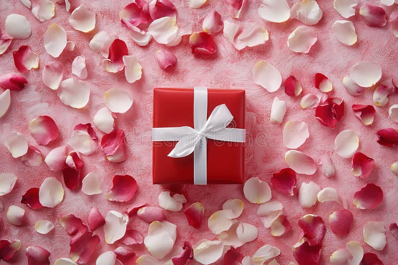 Top View Small Red Gift Box with White Ribbon Surrounded by Rose Petals ...