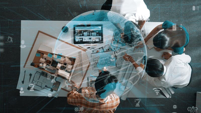 Top View of Smart Engineer Team Working Together and Present Idea ...