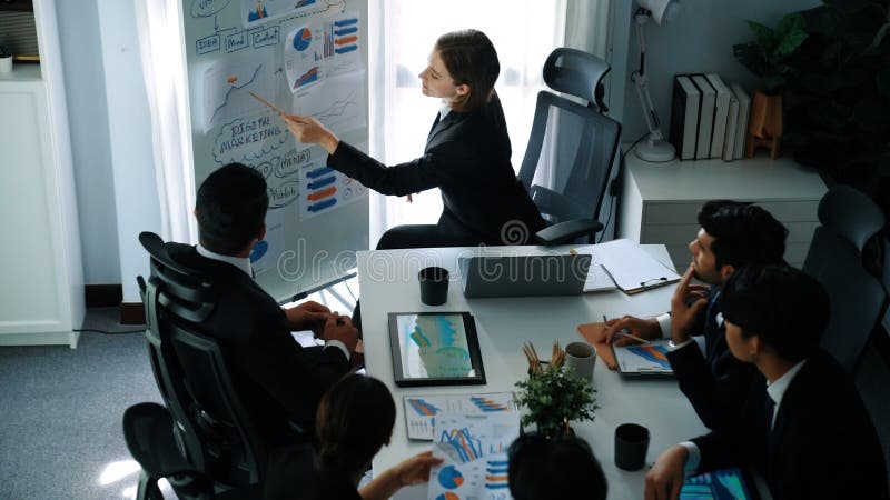 Top View of Smart Manager Pointing at Whiteboard and Explain Idea ...